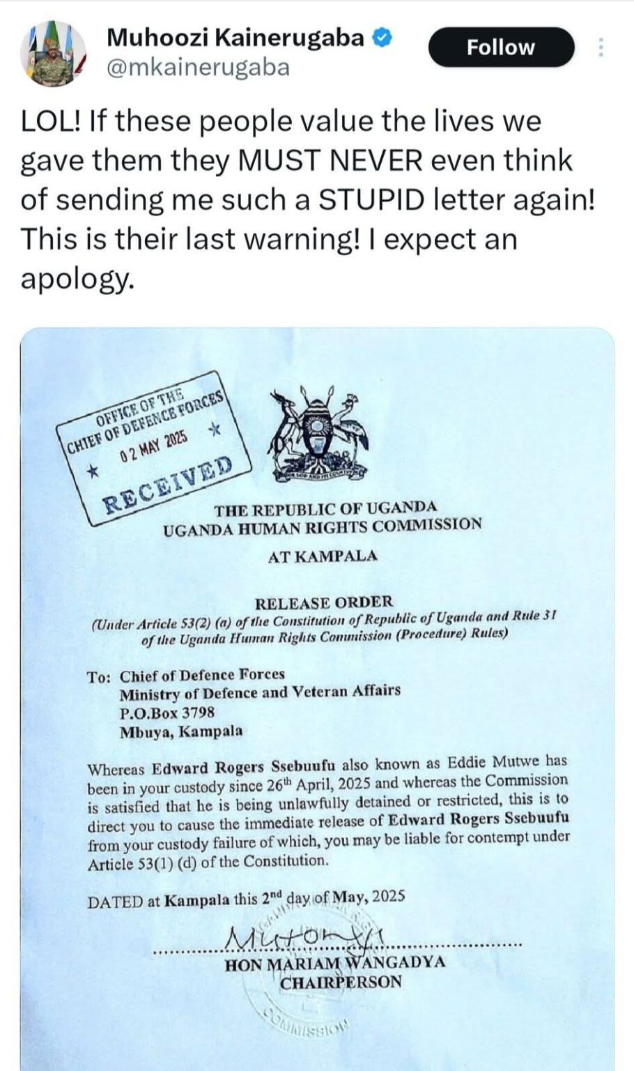 Muhoozi Kainerugaba’s Bizarre Tweet On Human Rights Commission Demand ...